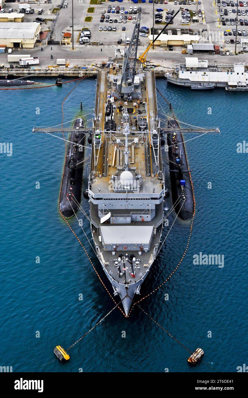 USS Emory S. Land (AS-39) with USS Chicago (SSN-721) and USS Pasadena ...