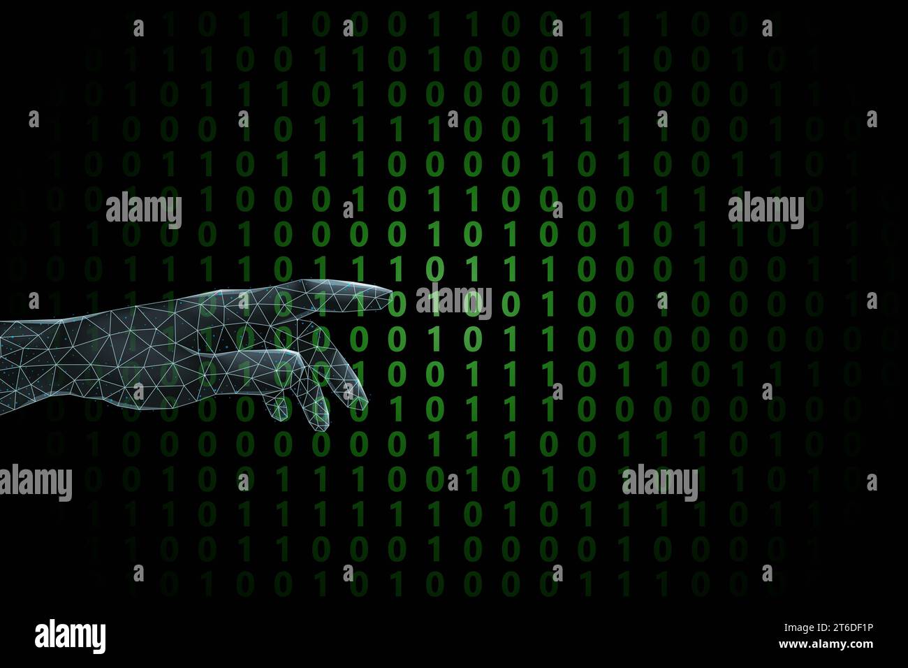 Green binary code on black background with plexus lines hand. 3D illustration image Stock Photo ...