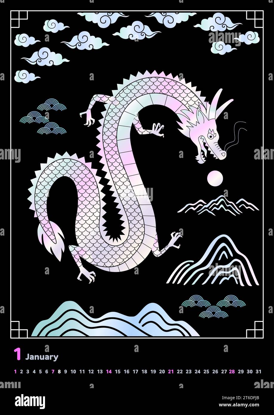 year of the blue dragon calendar january vector illustration Stock ...