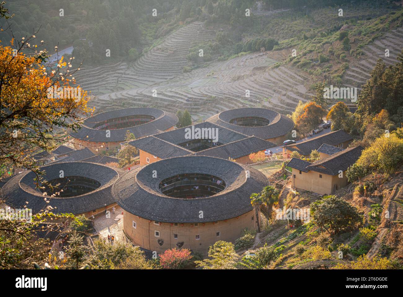 The Fujian tulou, old traditional rural dwellings in China aerial view ...