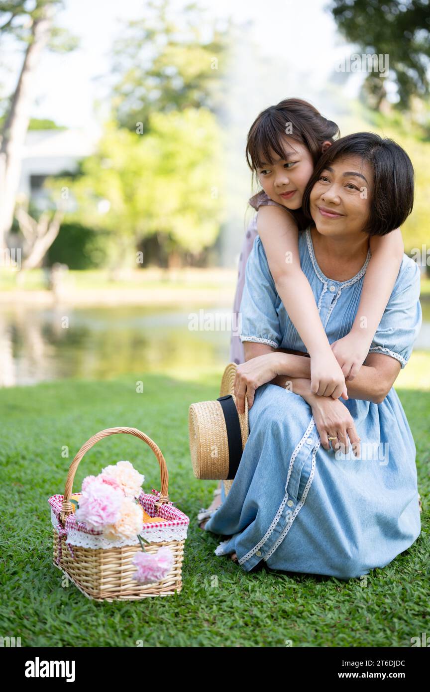 A happy senior Asian grandmother and her cute little girl granddaughter ...