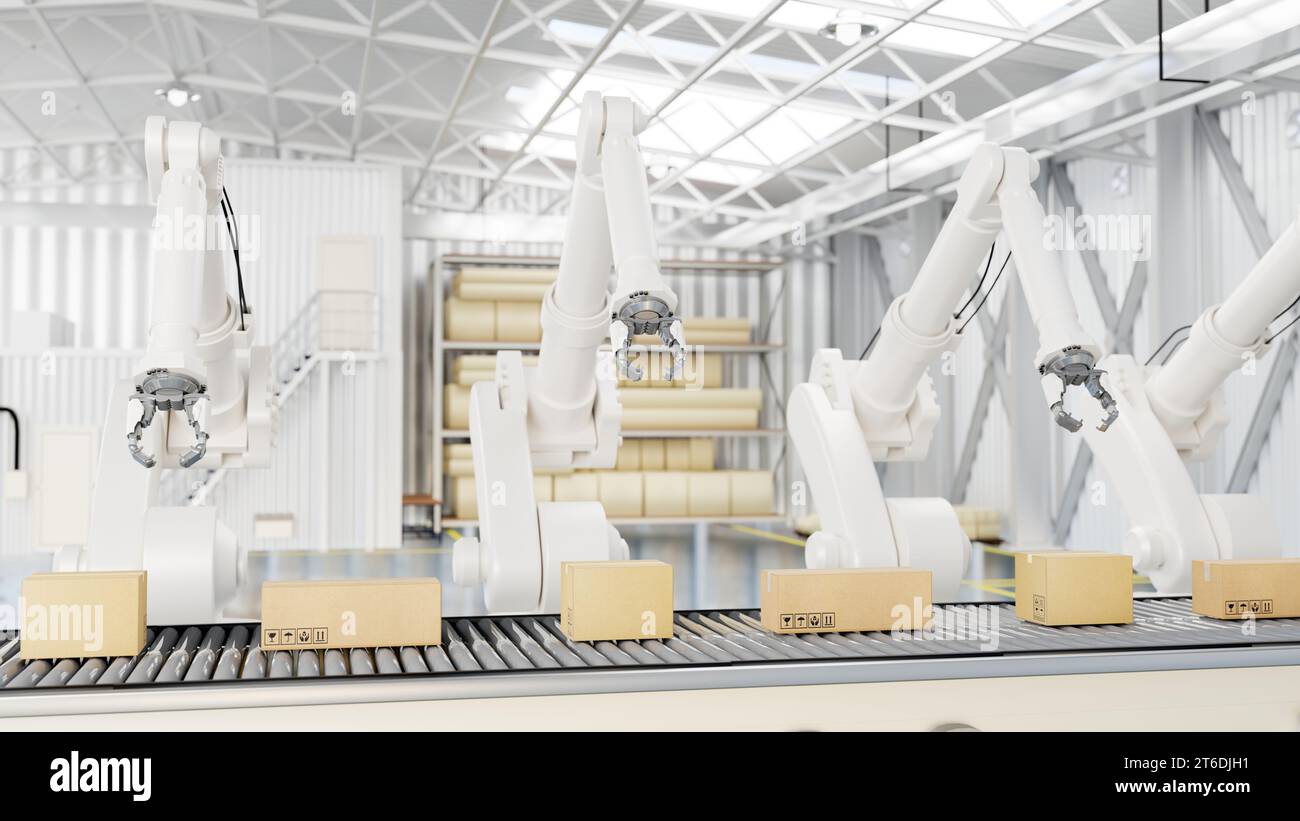 A modern distribution warehouse with modern robot arms and cardboard ...