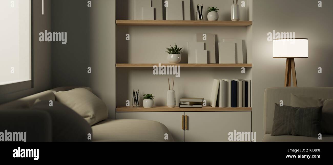 Side view image of a modern minimalist living room with a cosy couch, a ...