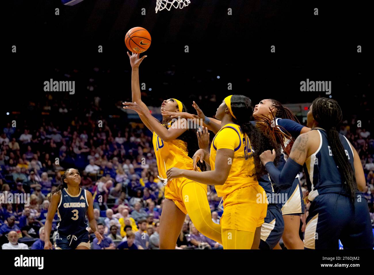 LSU forward Angel Reese (10) shoots against Queens center Autumn ...