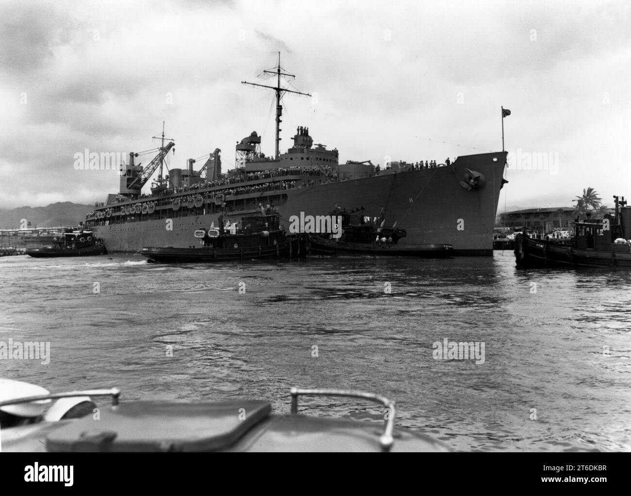 USS Fulton (AS-11) arriving at Pearl Harbor with USS Yorktown (CV-5 ...