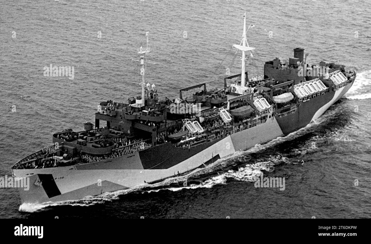 USS General C. G. Morton (AP-138) underway in the Pacific Ocean on 16 ...