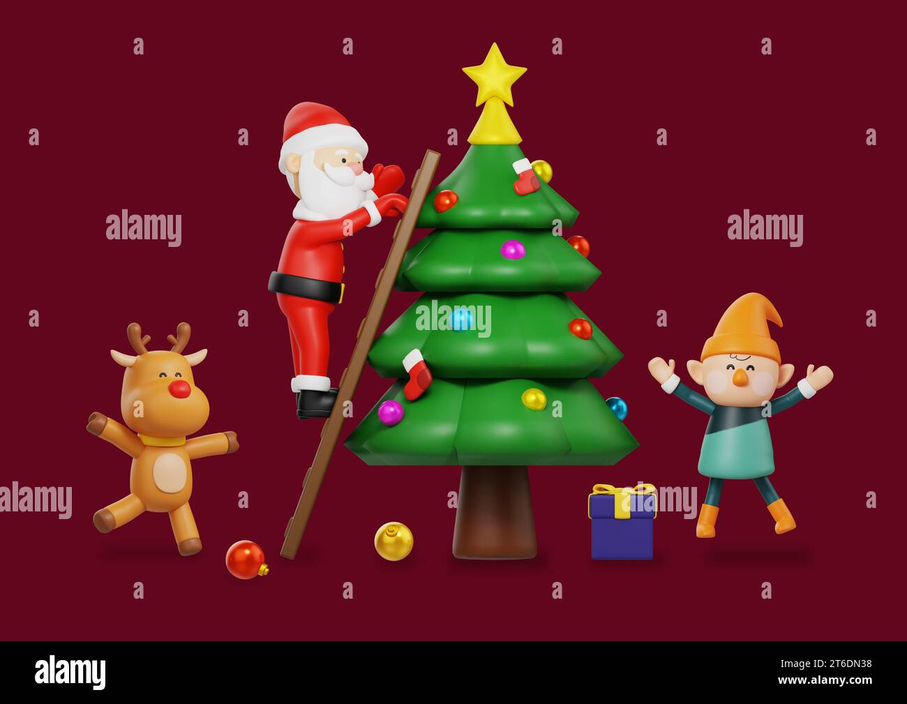 surprise santa claus of decorating a christmas tree 3d character object ...