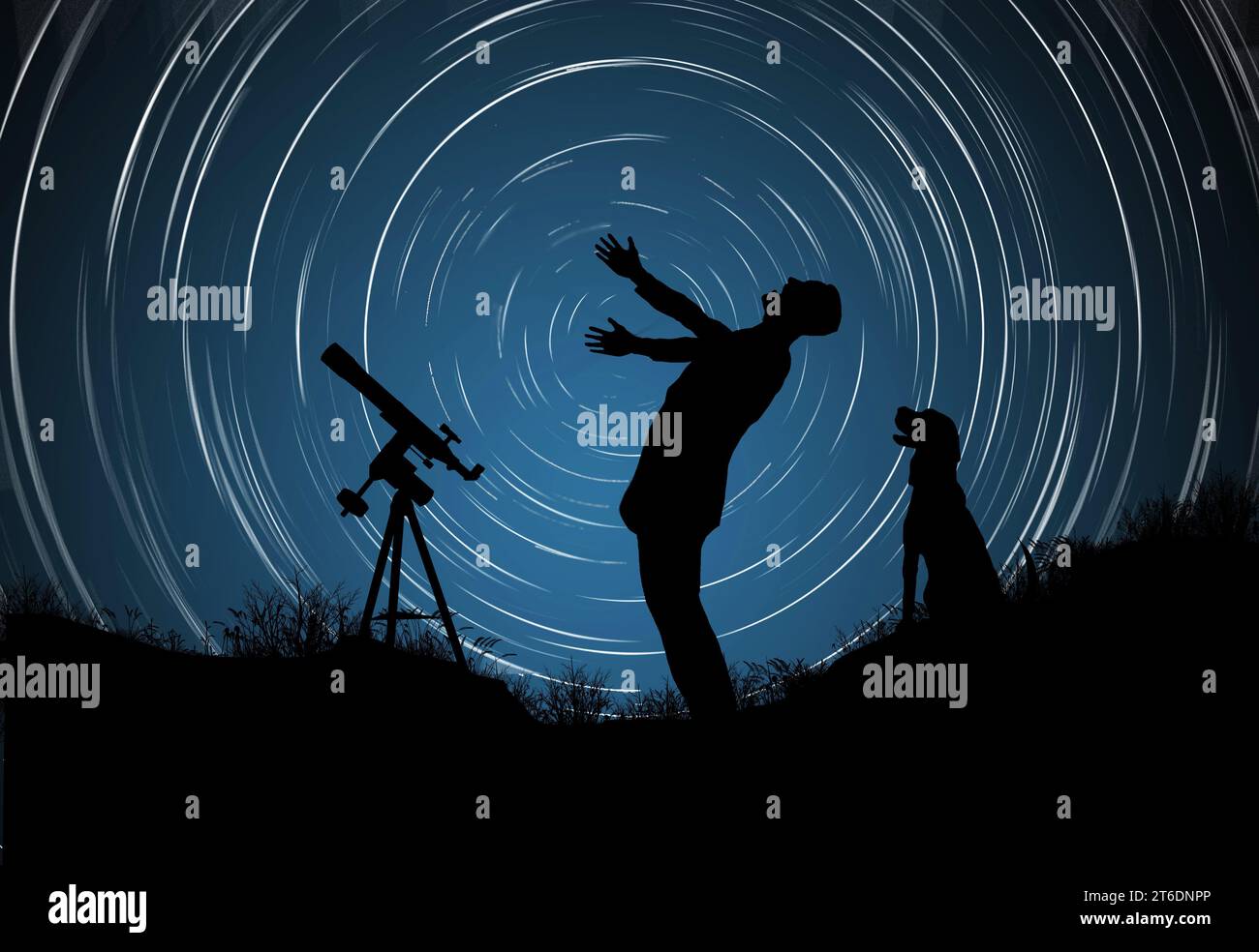 An amateur astronomer rejoices under a night sky. He is seen with his ...