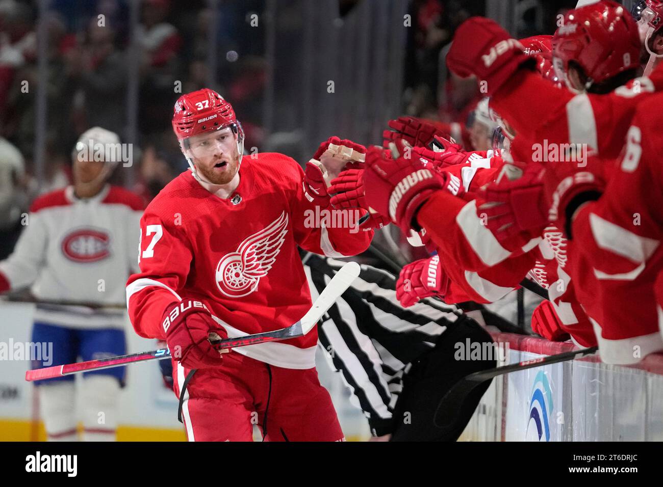 Detroit Red Wings left wing J.T. Compher (37) celebrates his goal ...