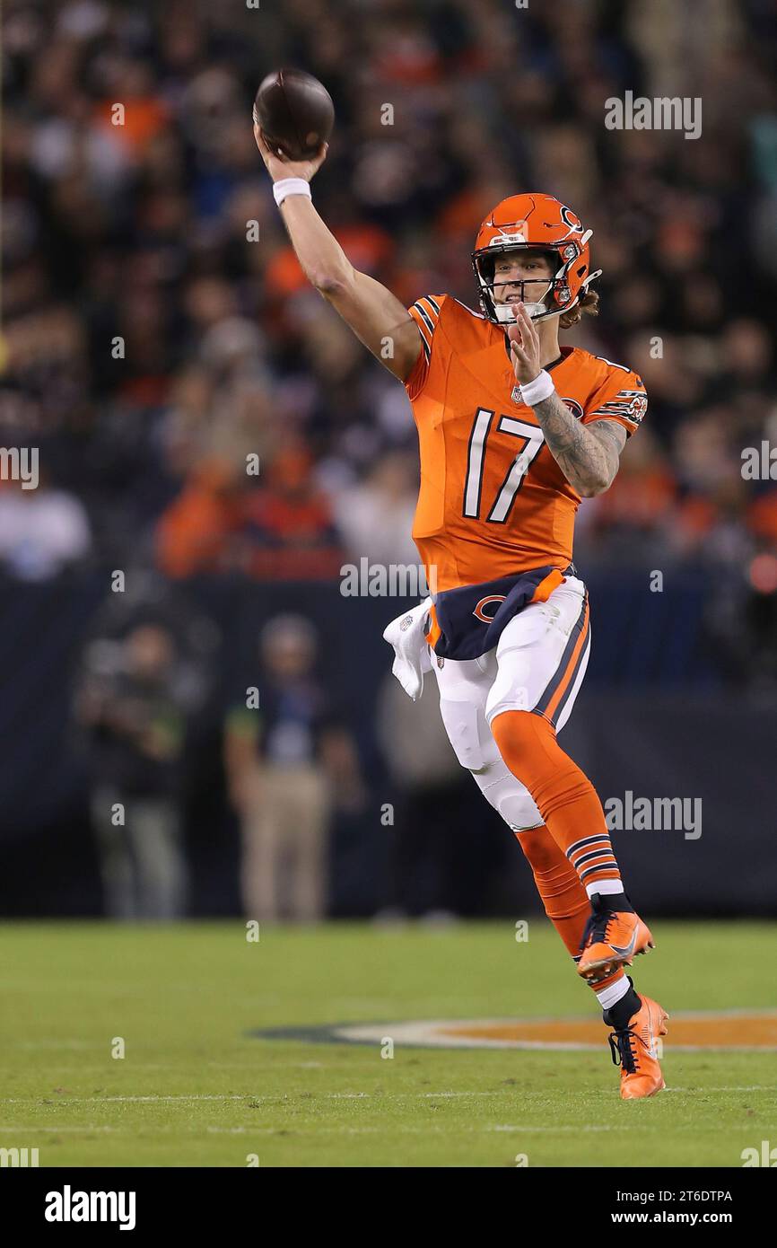 Chicago Bears quarterback Tyson Bagent (17) throws the ball in action ...