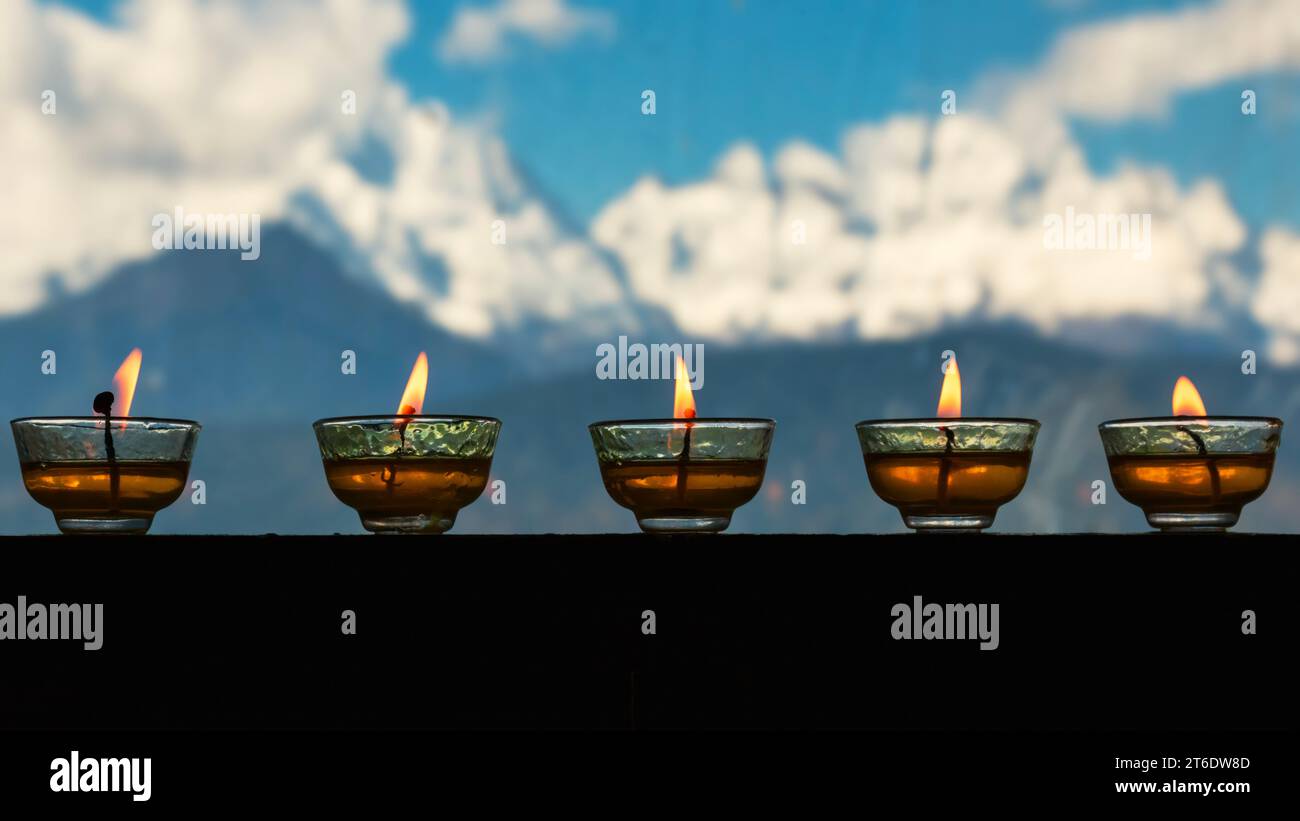 Tibetan candles in front of Kawagarbo peak in Yunnan, China Stock Photo ...