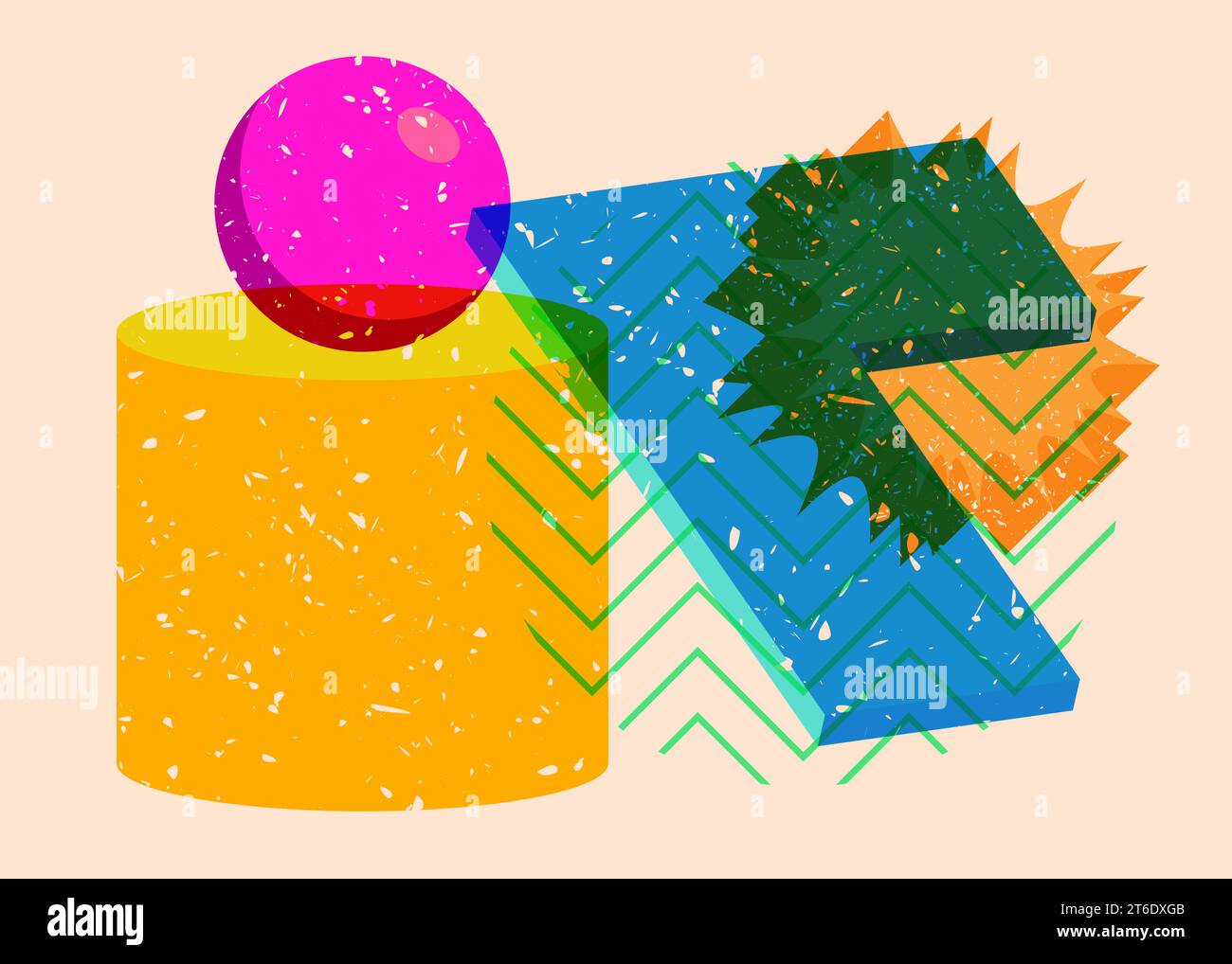Risograph abstract colorful geometric shapes, geometry elements background. Objects in trendy ...