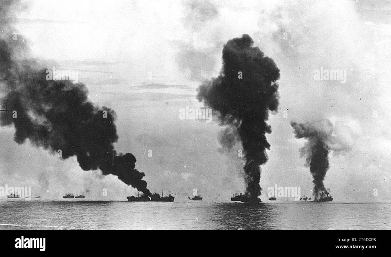USS GF Elliott (AP-13) burning off Guadalcanal 1942 Stock Photo - Alamy