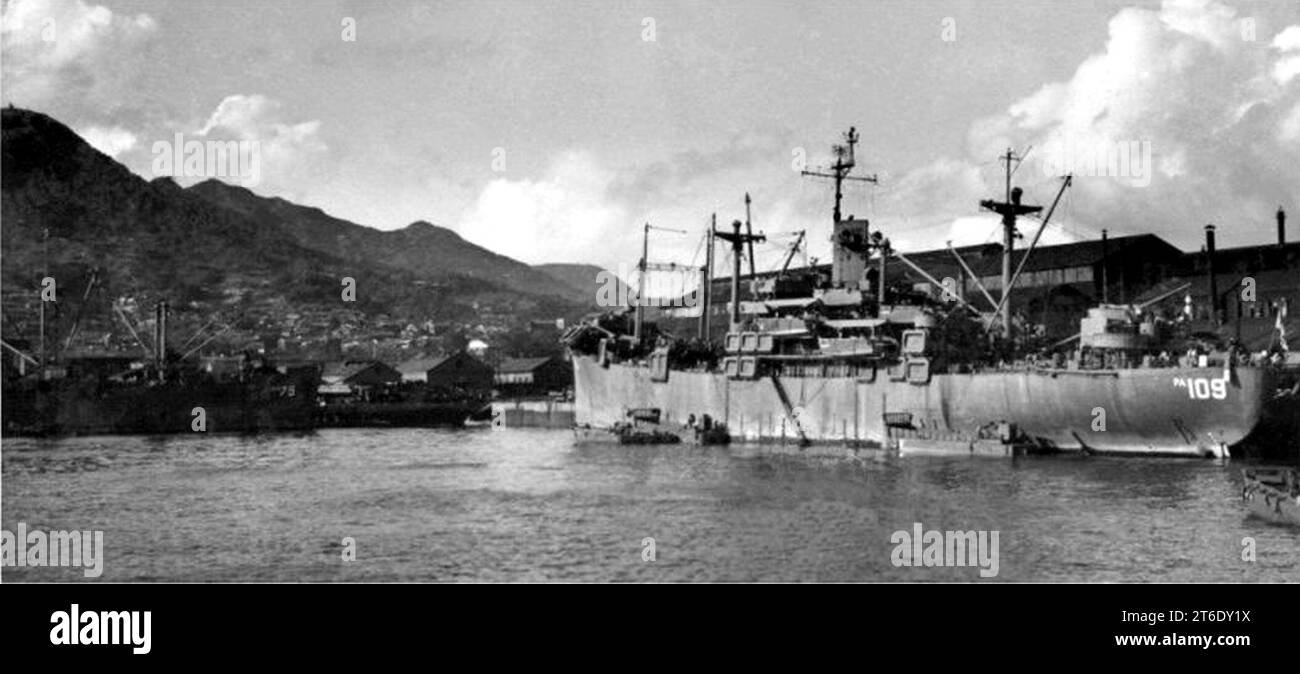USS Grafton (APA-109) moored at Sasebo, Japan, in September-October ...