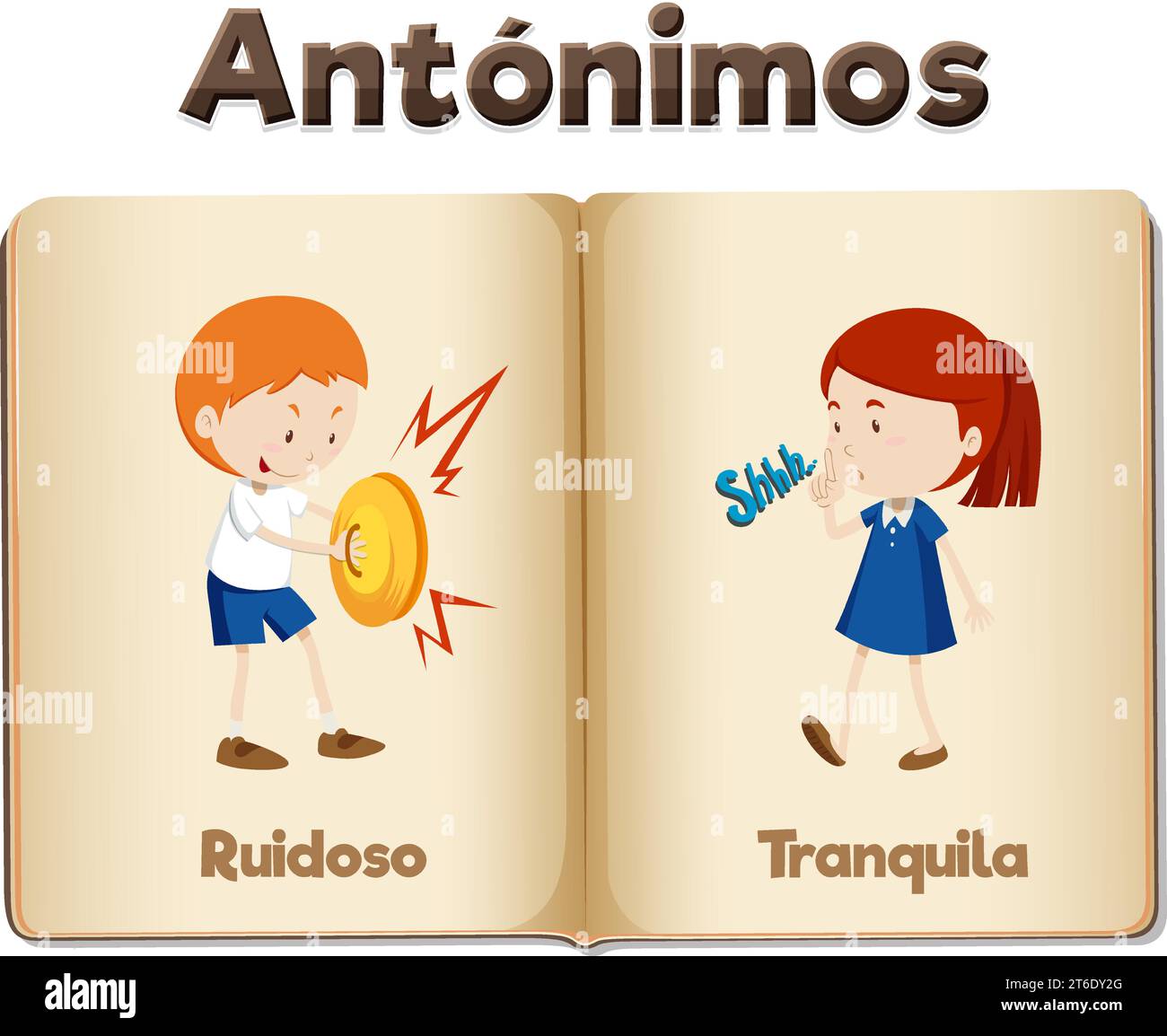 A vector cartoon illustration of Spanish antonyms means new and old ...