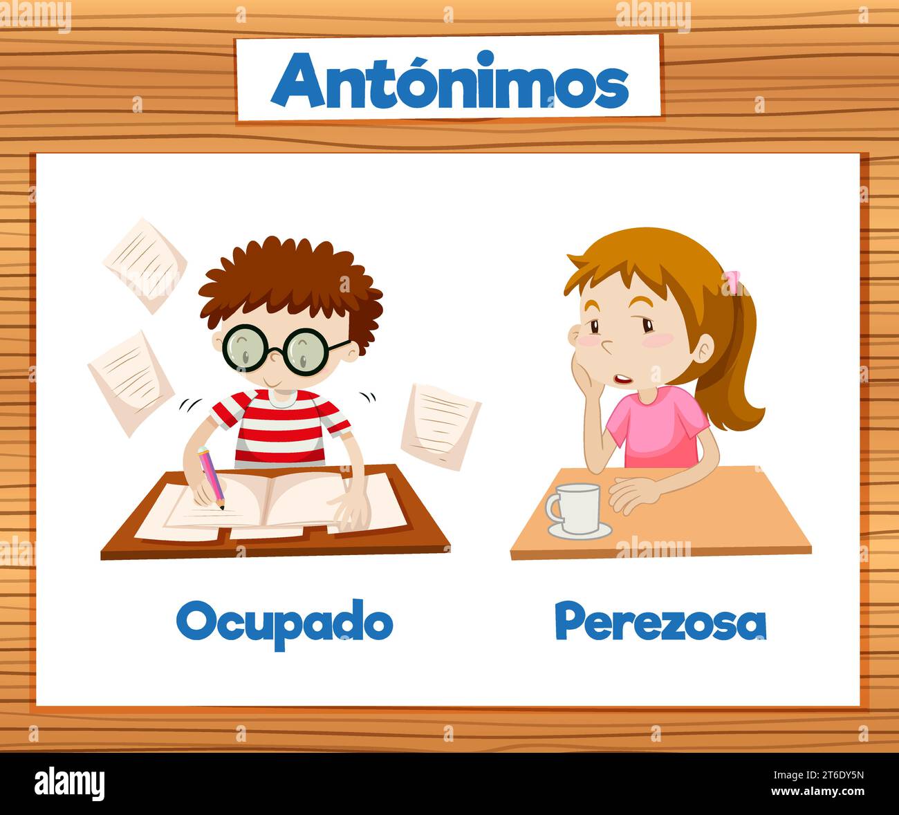A vector cartoon illustration of Spanish antonyms means new and old ...