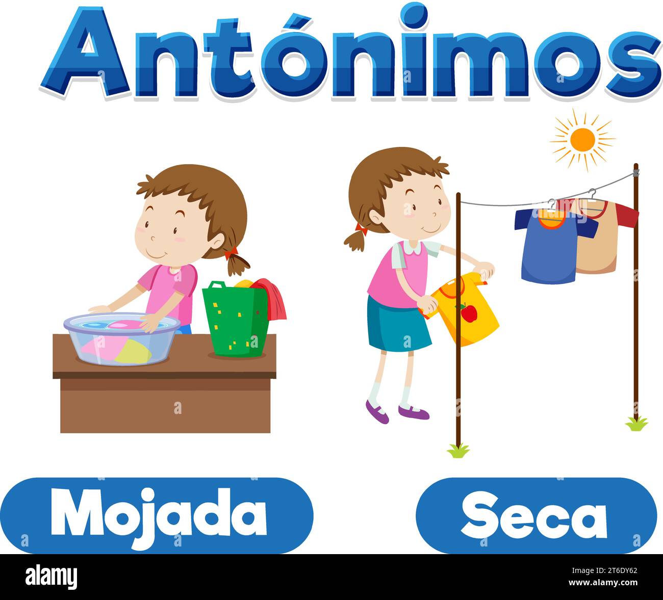 A vector cartoon illustration of Spanish antonyms means new and old ...