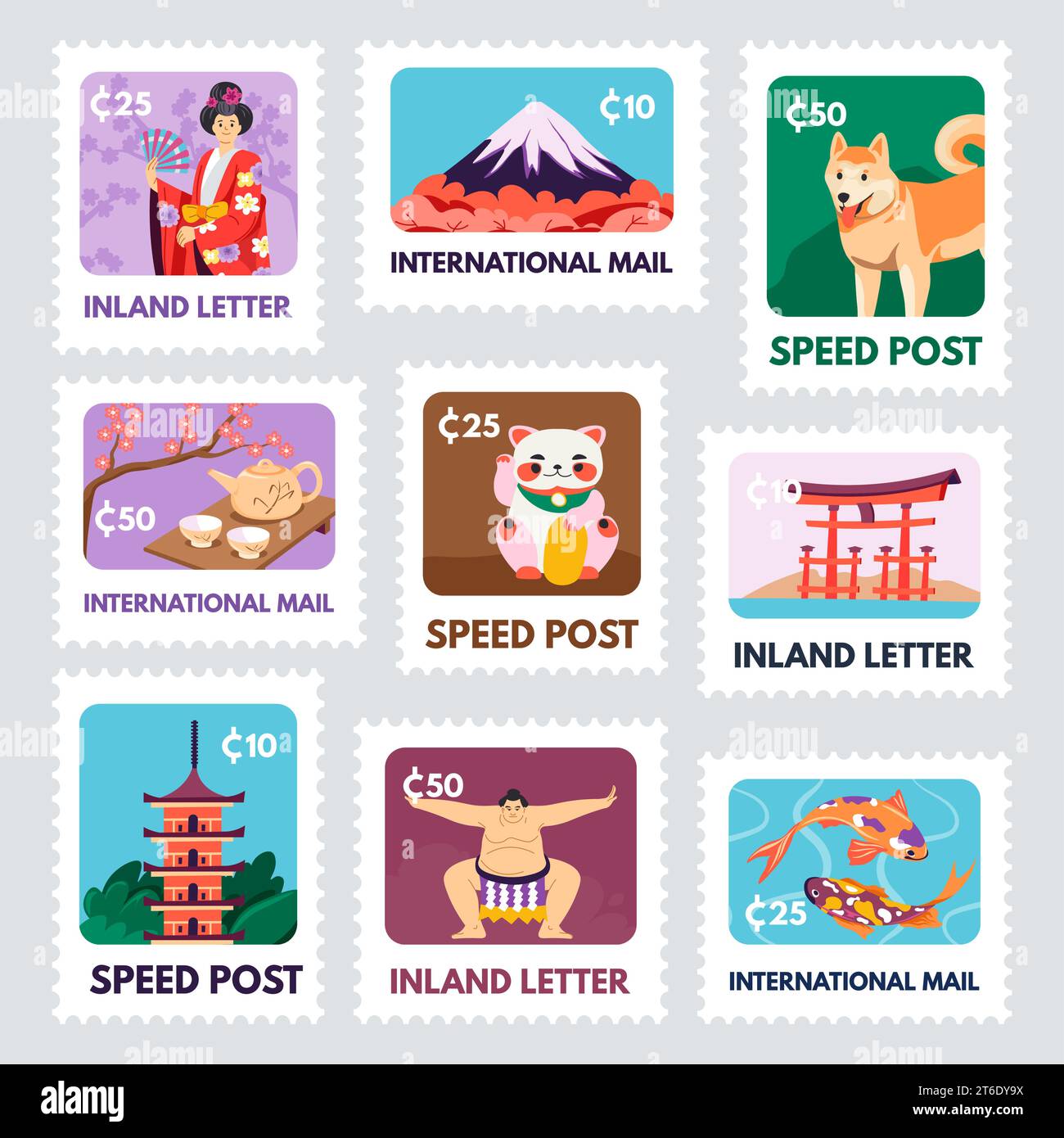 Postage stamp set with national Japanese elements Stock Vector Image ...