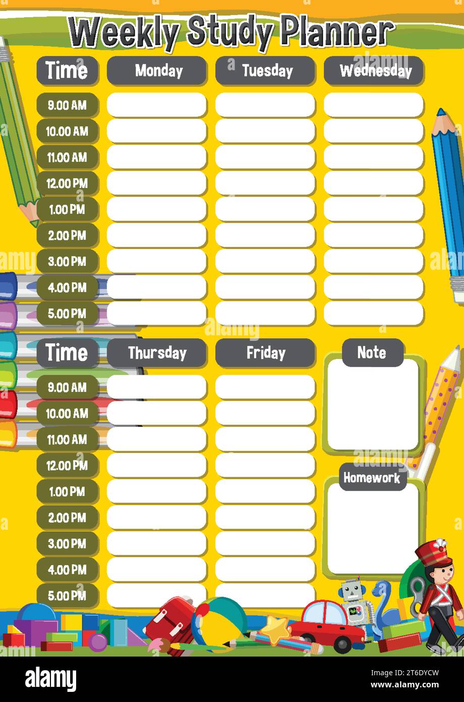 Weekly lesson plan template with hourly schedule for children's toys ...