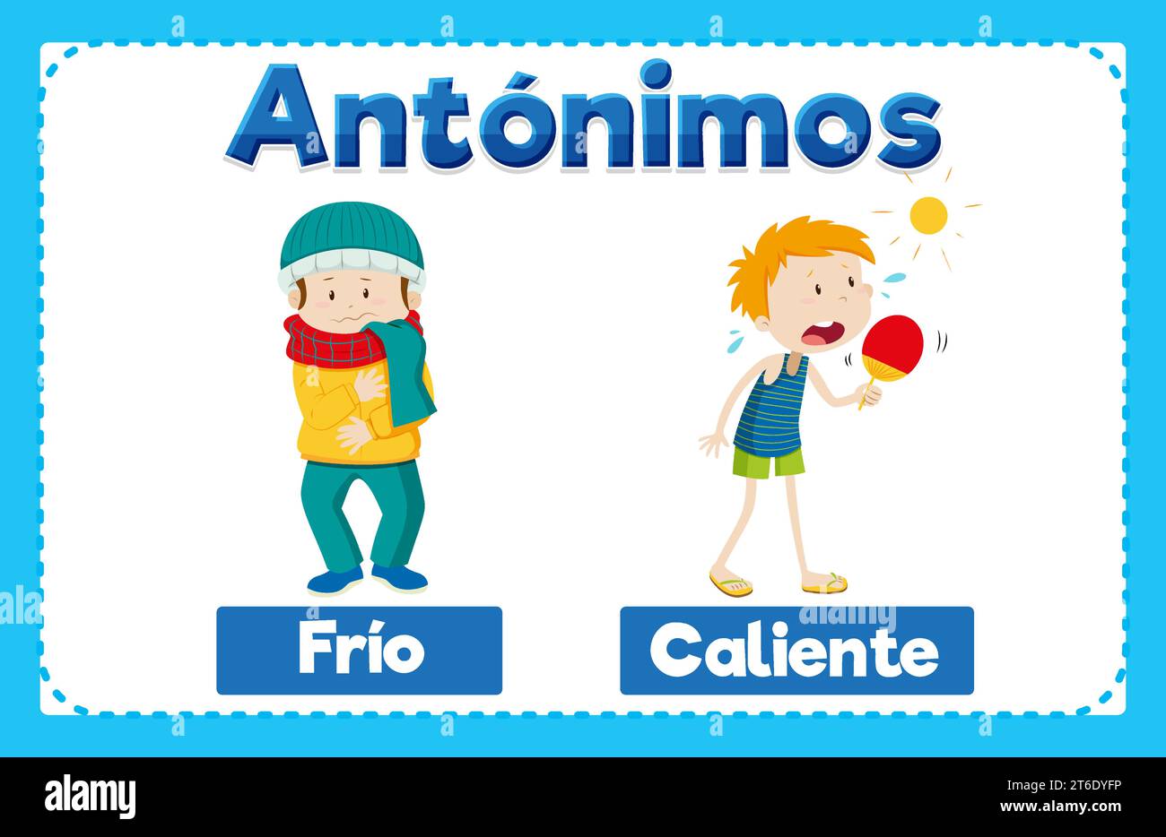 Illustrated word card with antonyms Frio and Caliente in Spanish means ...