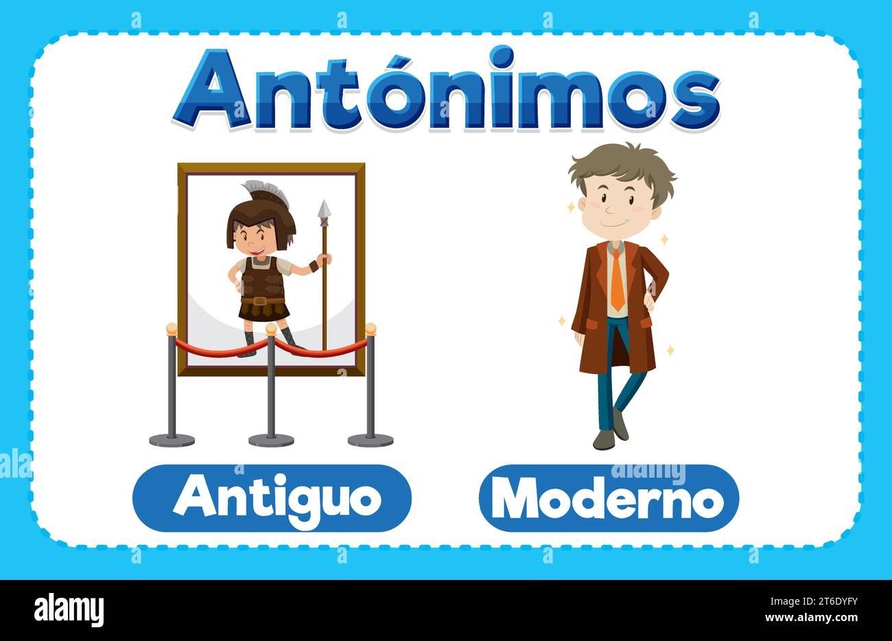 A vector cartoon illustration of Spanish antonyms means new and old ...