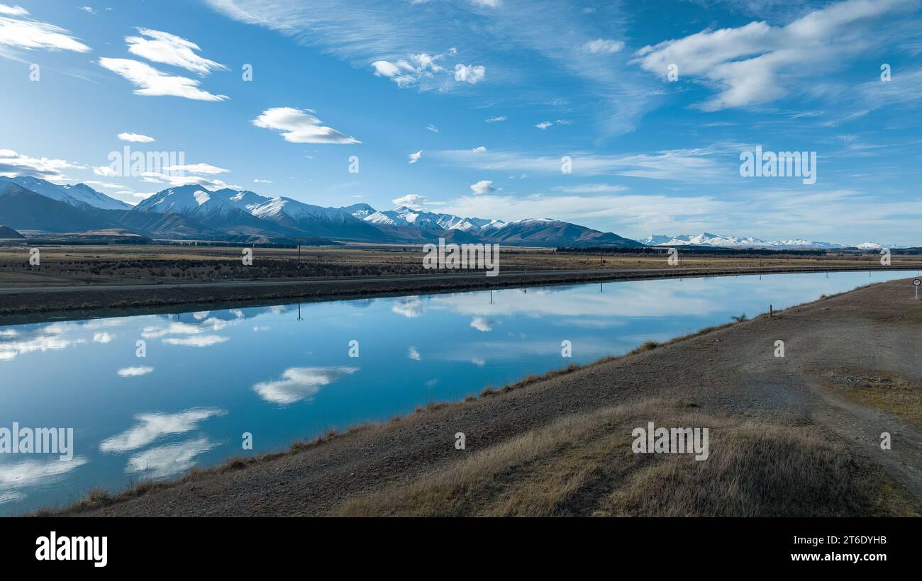 Aerial view of the Pukaki hydro power scheme canal in rural Twizel ...