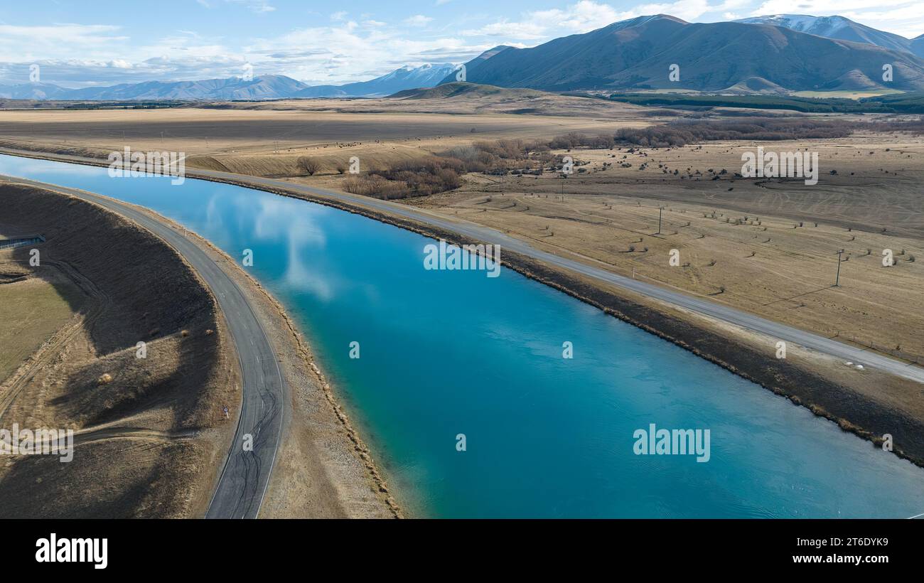 Aerial view of the Pukaki hydro power scheme canal in rural Twizel ...