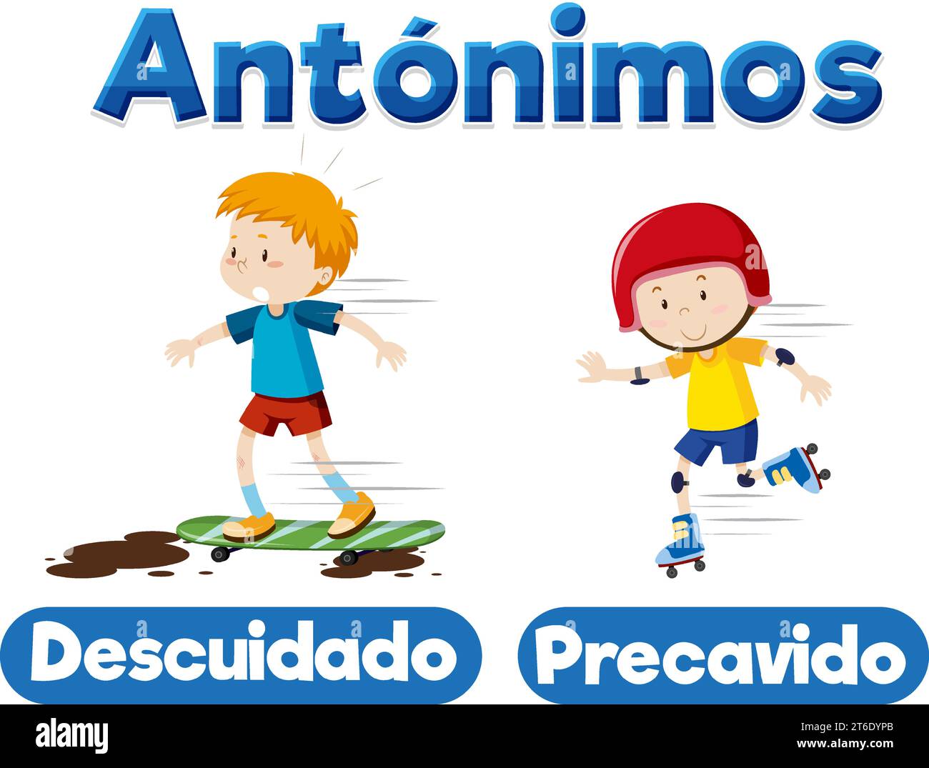 A vector cartoon illustration of Spanish antonyms means new and old ...