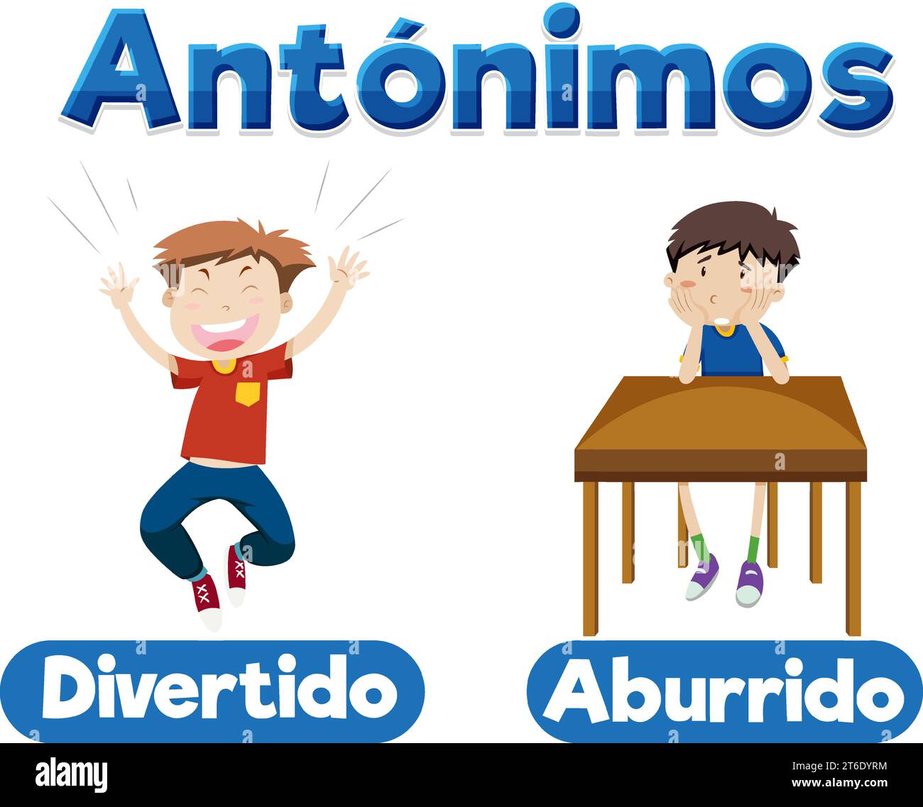 A vector cartoon illustration of Spanish antonyms means new and old ...