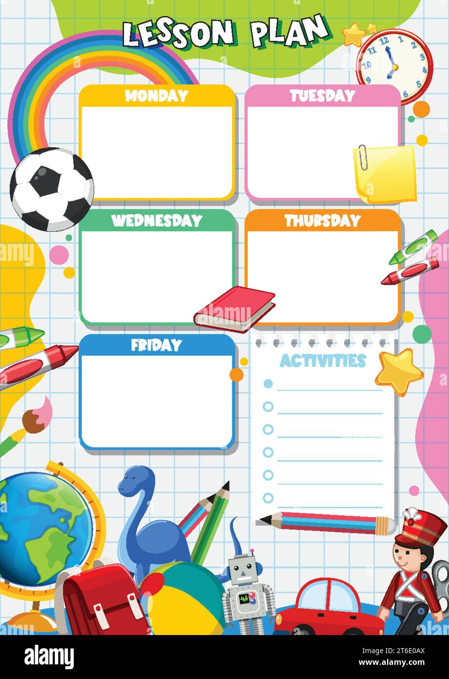 Vector cartoon illustration of children's toys and learning tools on a ...