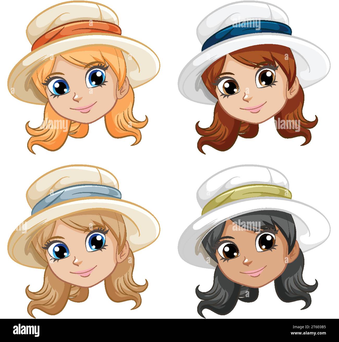 Four beautiful women wearing vintage hats in a vector cartoon ...