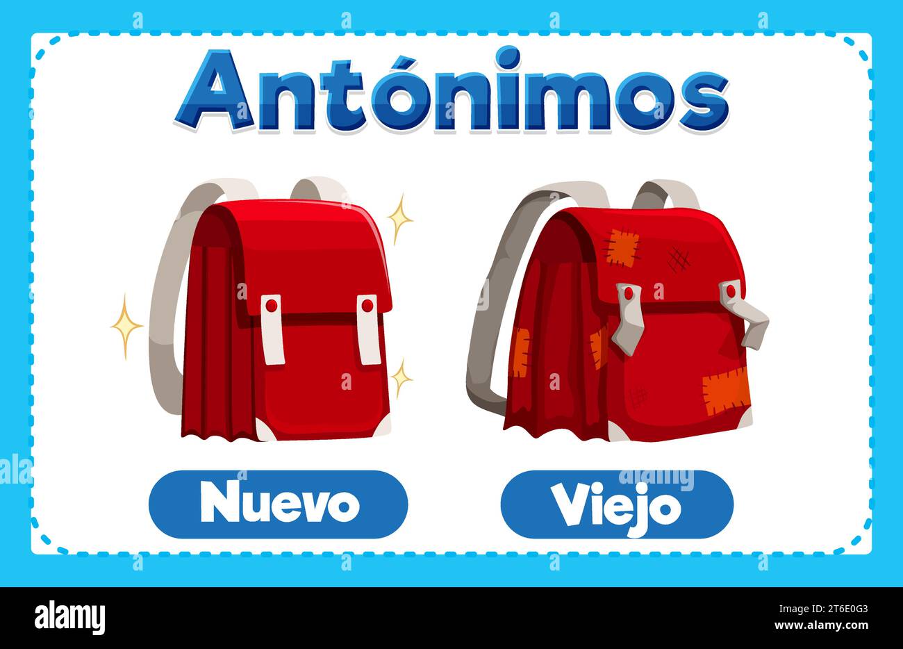 A vector cartoon illustration of Spanish antonyms means new and old ...