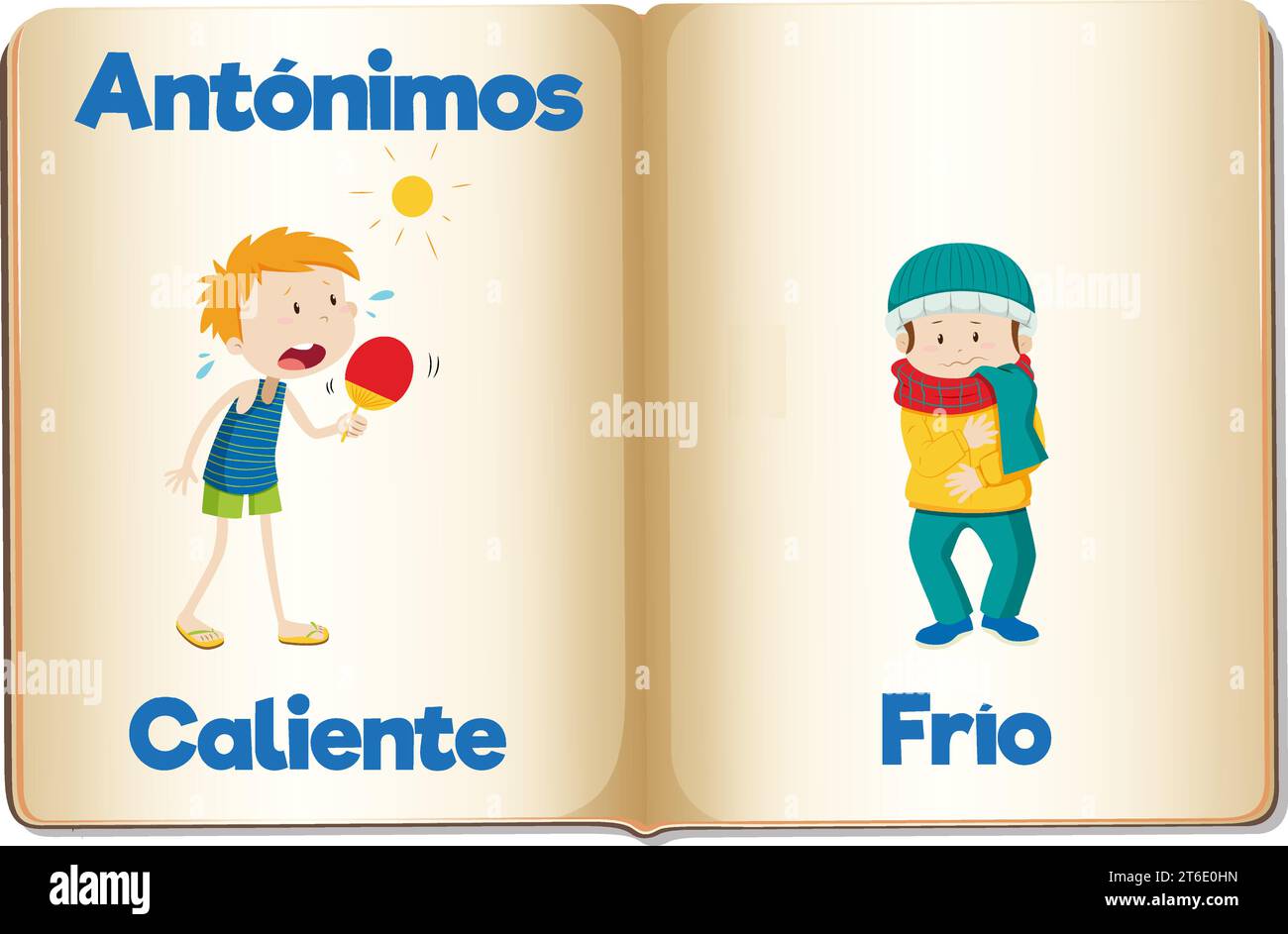 A vector cartoon illustration of Spanish antonyms means new and old ...