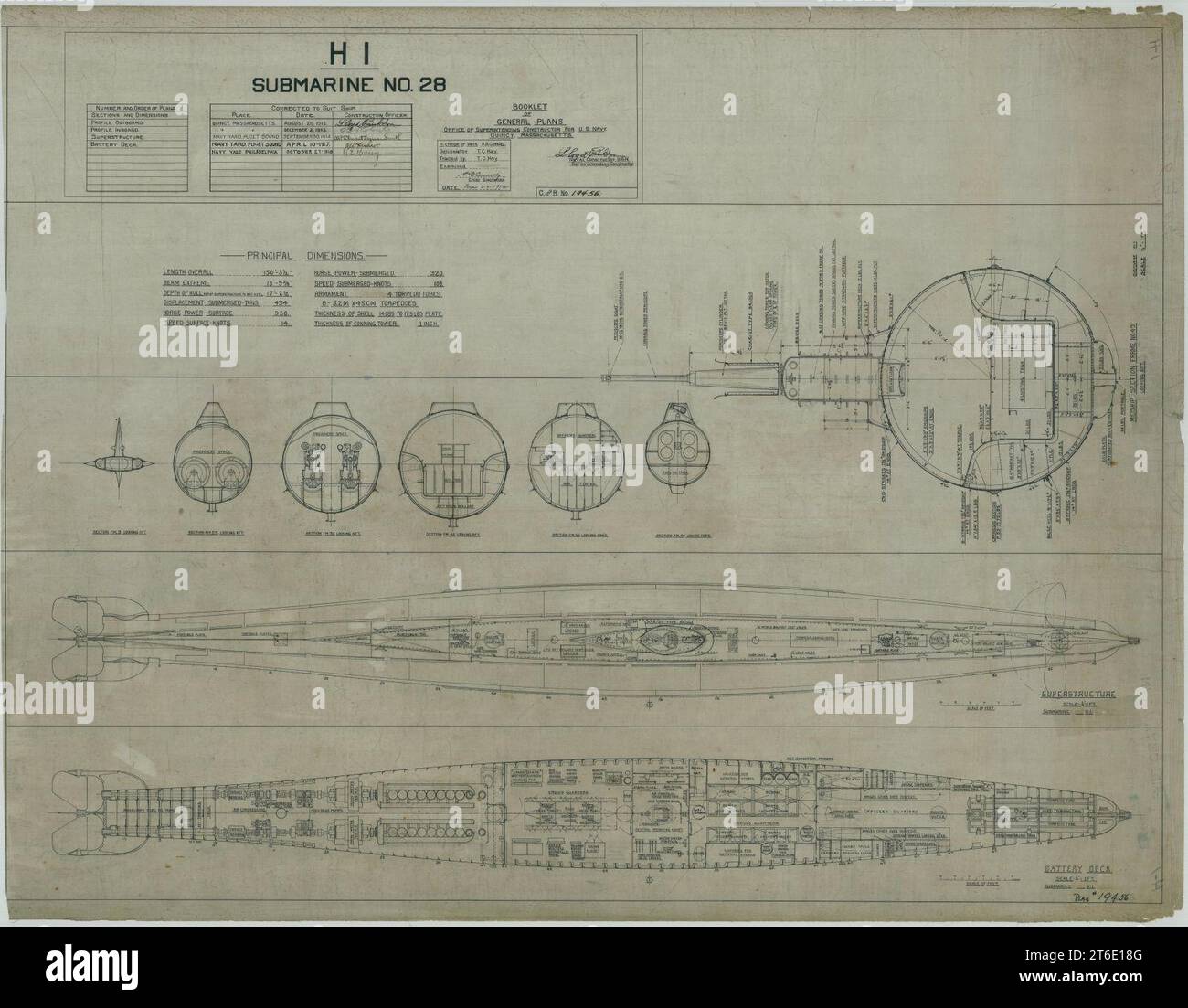 USS H-1 (SS-28)- Principal Dimensions; Various Sections; Superstructure ...