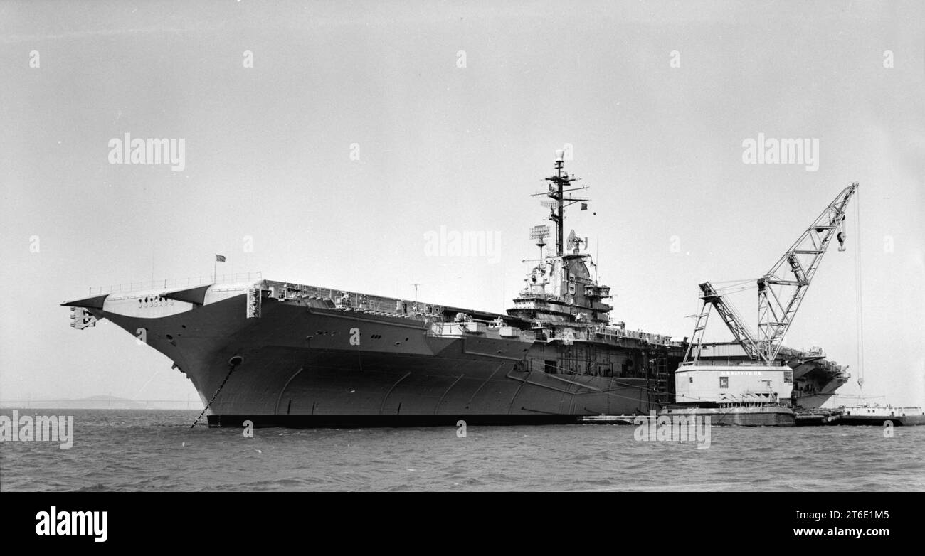 USS Hancock (CVA-19) at anchor off the Hunters Point Naval Shipyard ...