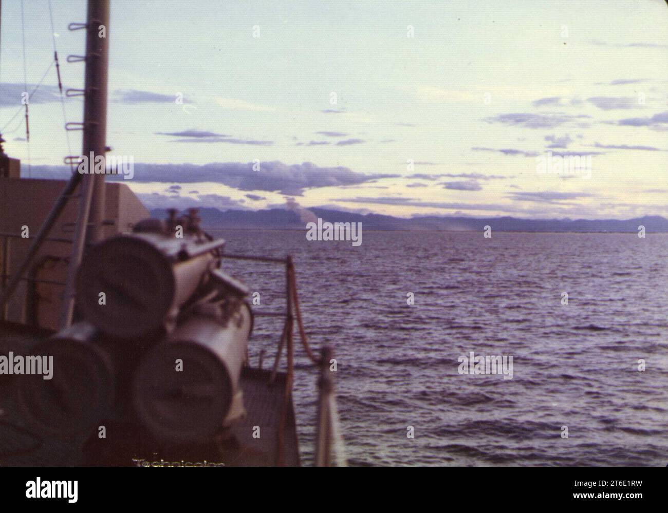 USS Hanson (DD-832) firing on shore targets in the Quang Tri river ...