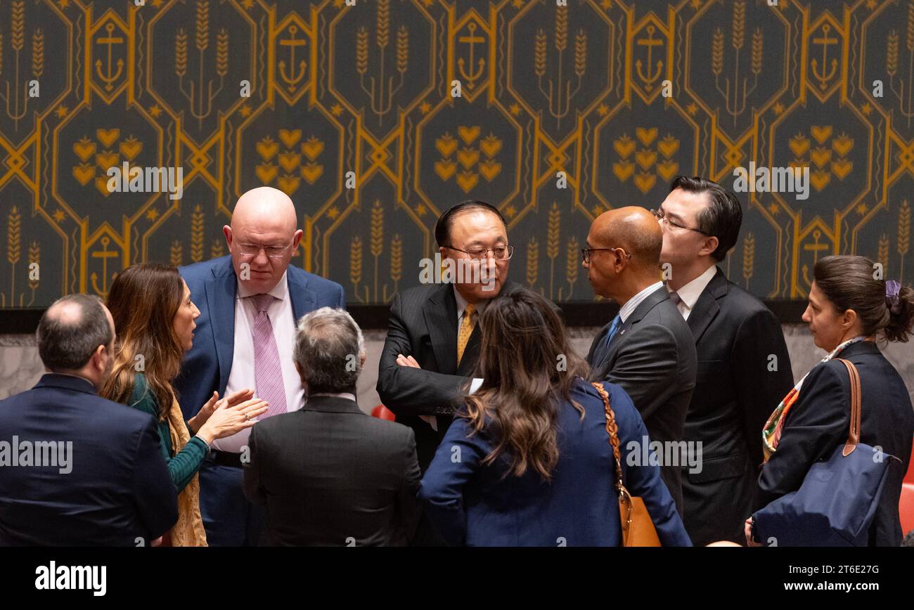 Ambassadors Vassily Nebenzia of Russia, Zhang Jun of China, Ambassador ...