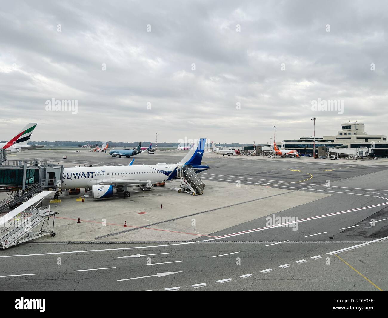 Milan, Italy - 17 august 2023: Passenger aircraft with a covered ...
