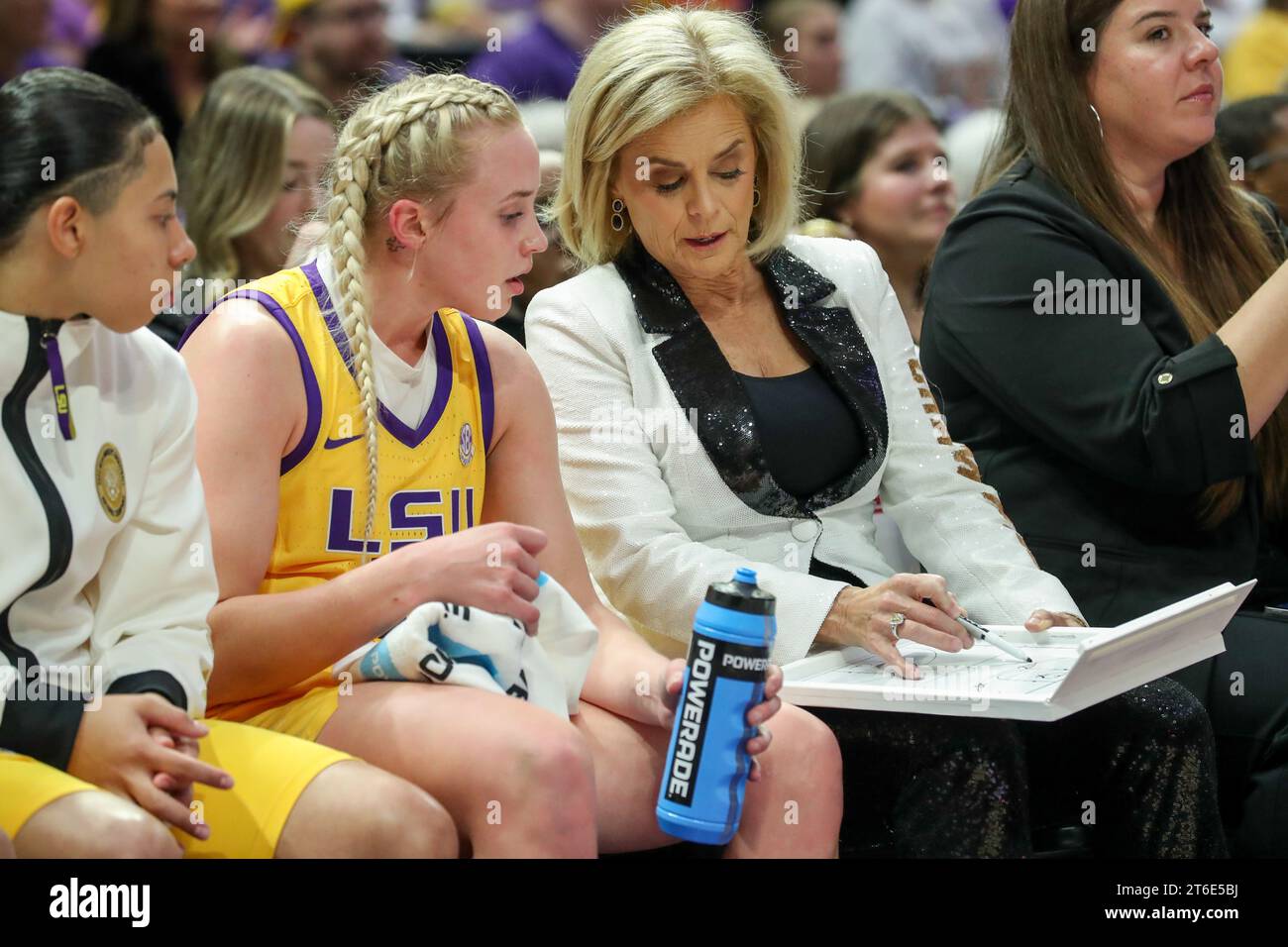 Baton Rouge, LA, USA. 09th Nov, 2023. LSU Head Coach Kim Mulkey sits ...
