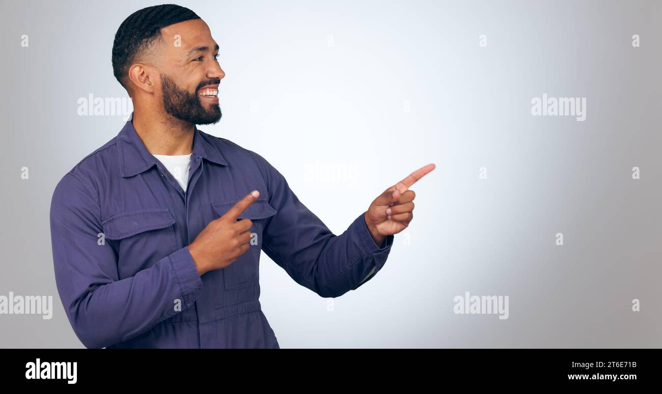 Happy man, pointing and mockup space for advertising or marketing ...