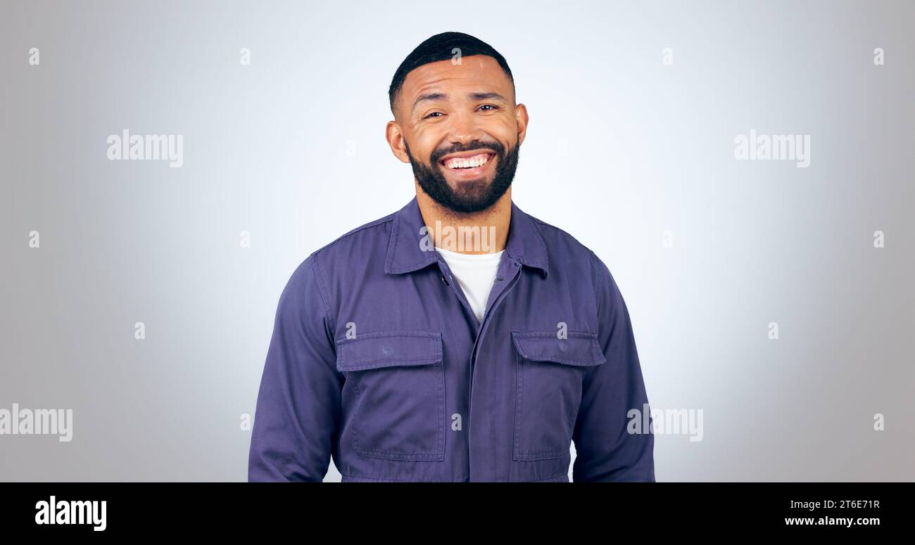 Portrait, laugh and happy business man in studio with humor, joke or ...