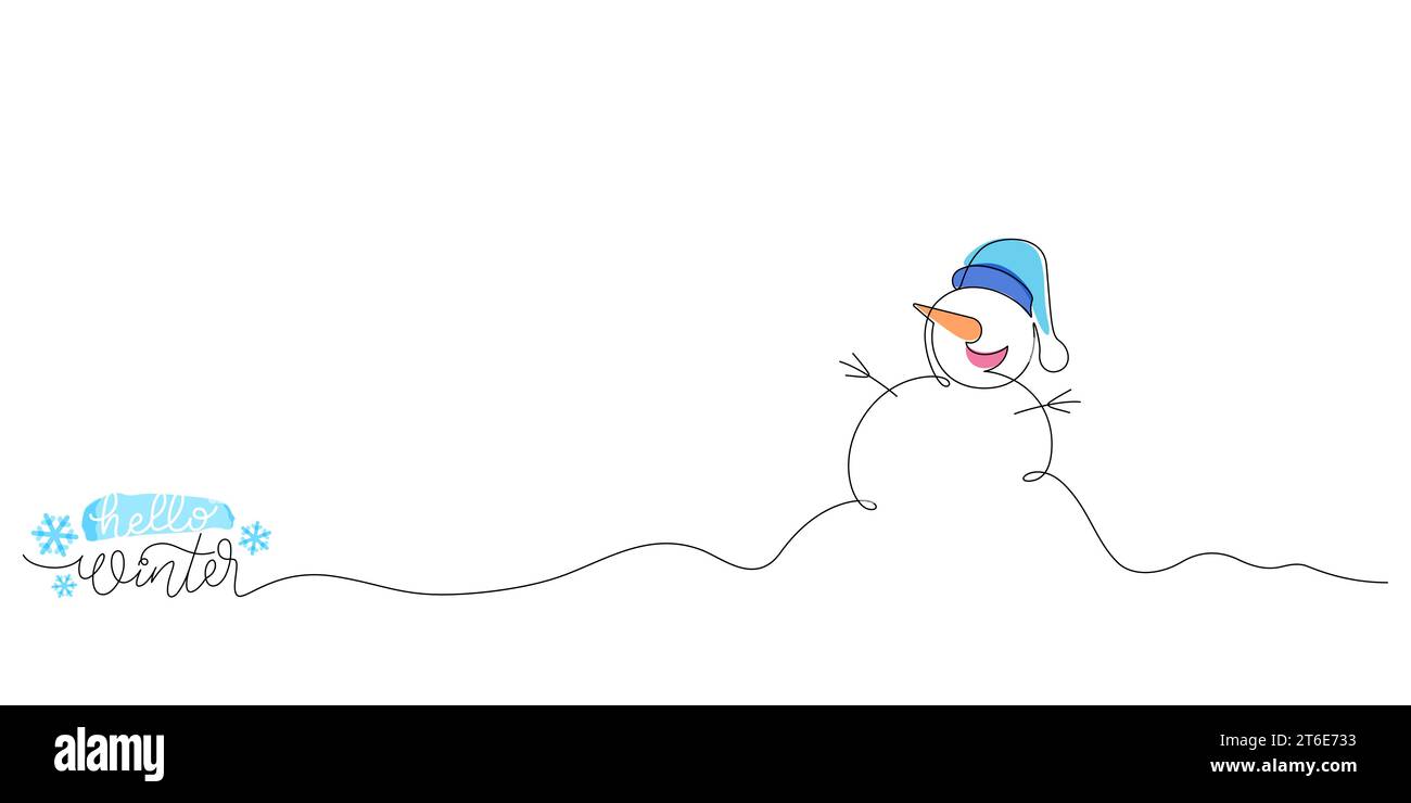 one line drawing of snowman with hello winter inscription thin line ...
