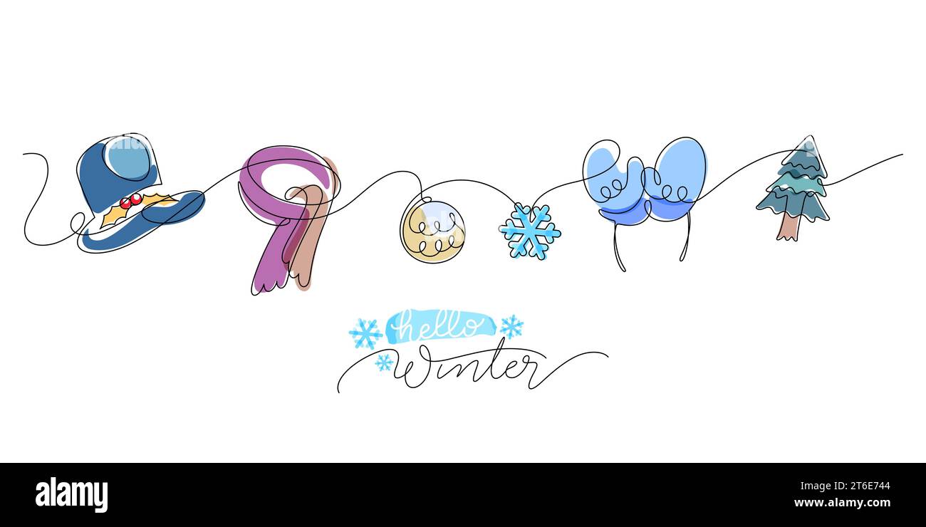 One line drawing of winter. hello winter season inscription concept and ...