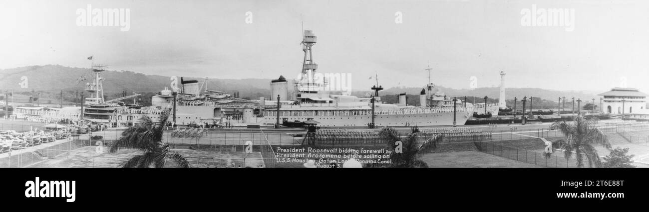 USS Houston (CA-30) in the Gatun Locks, Panama Canal, on 5 August 1938 ...