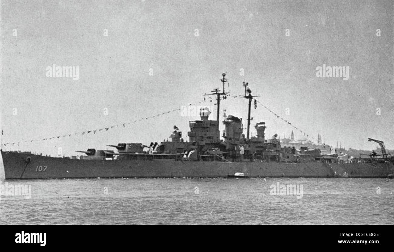 USS Huntington (CL-107) at anchor in Istanbul, Turkey on 4 July 1948 ...