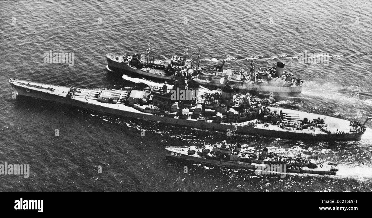 USS Iowa (BB-61) and USS Herbert J. Thomas (DD-833) with oiler off ...