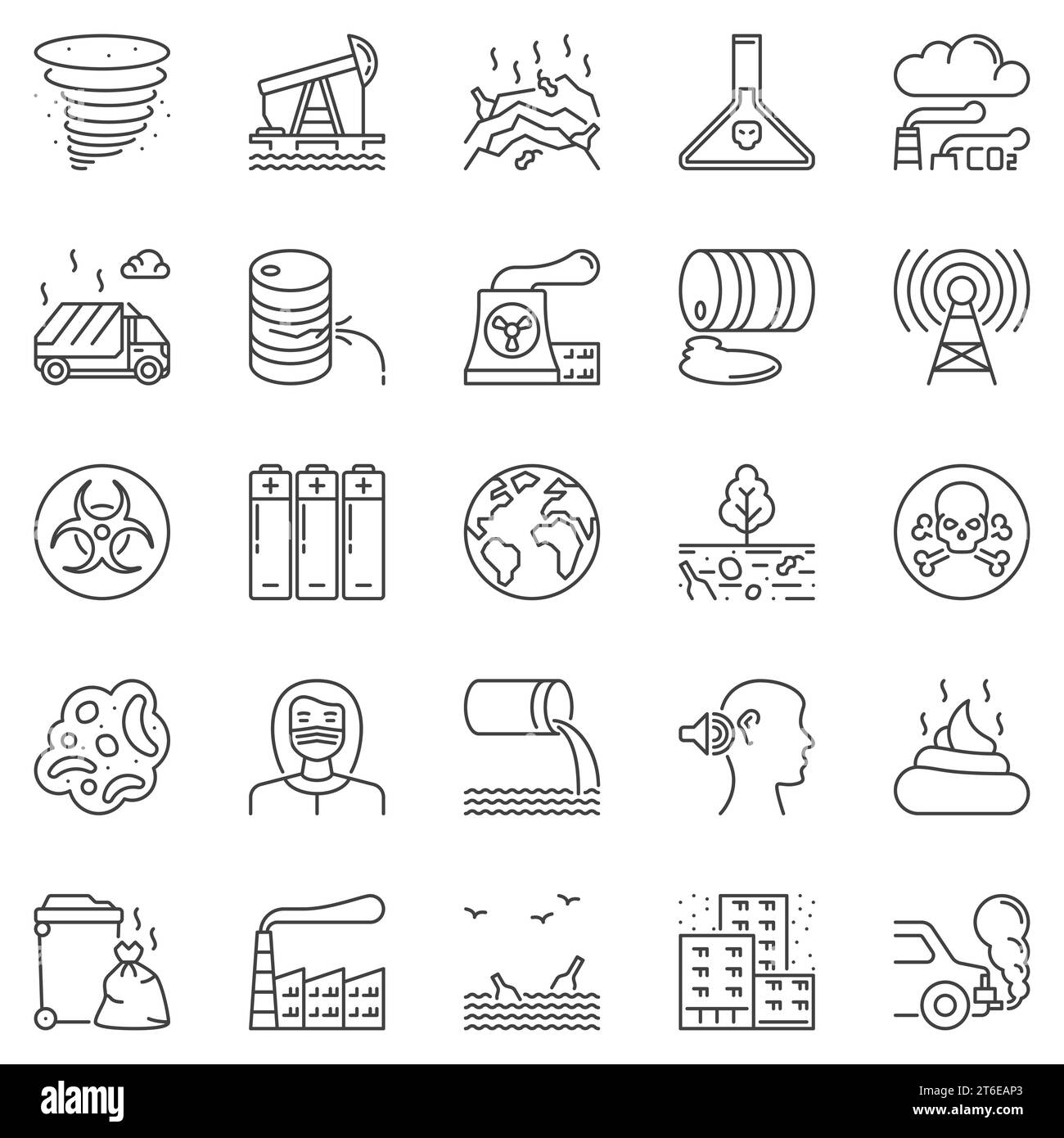 Pollution outline icons set - vector waste, garbage, battery, sewage ...