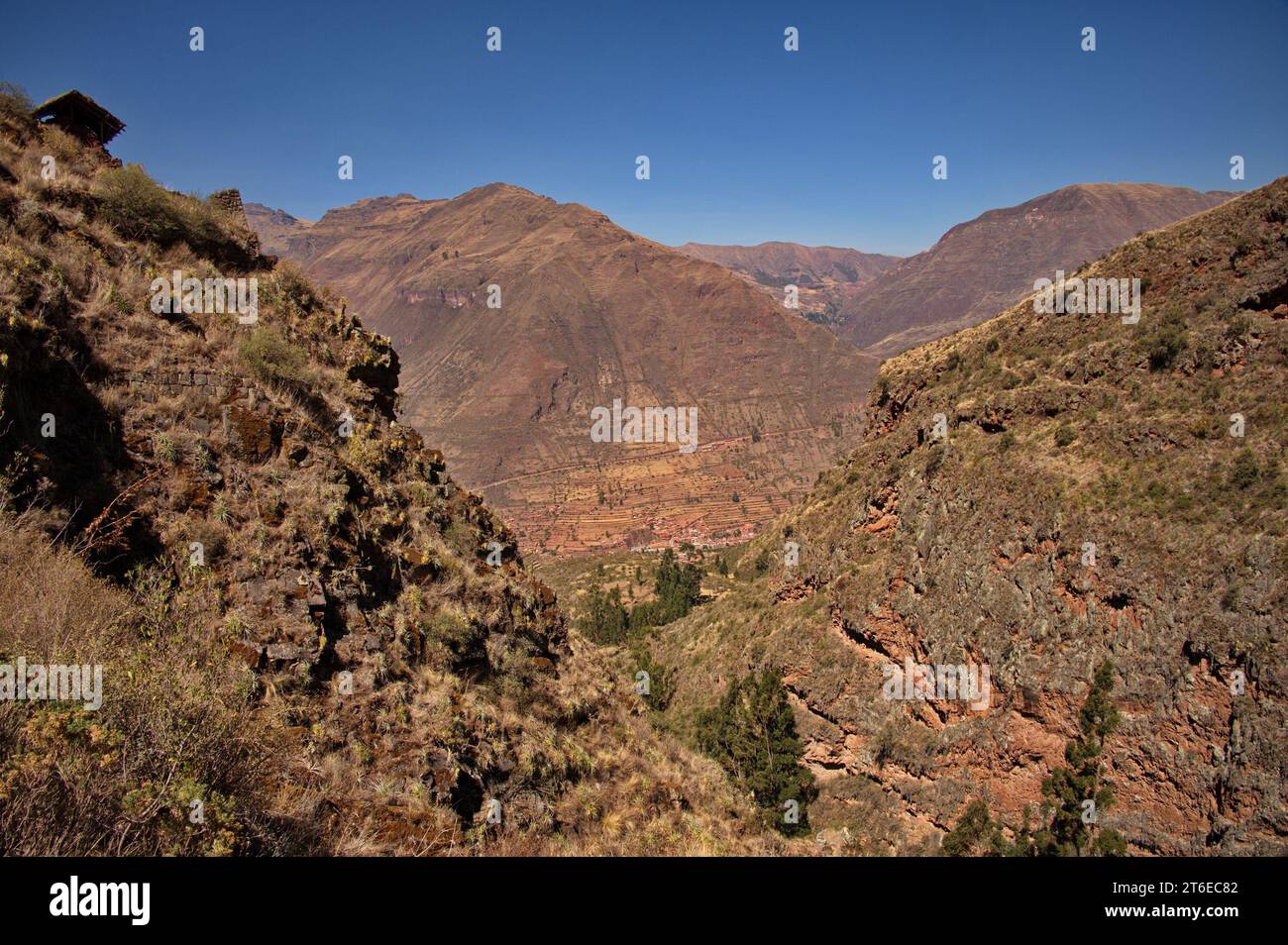 Scenic view of Sacred Valley from Pisac archaeological site, Peru Stock ...