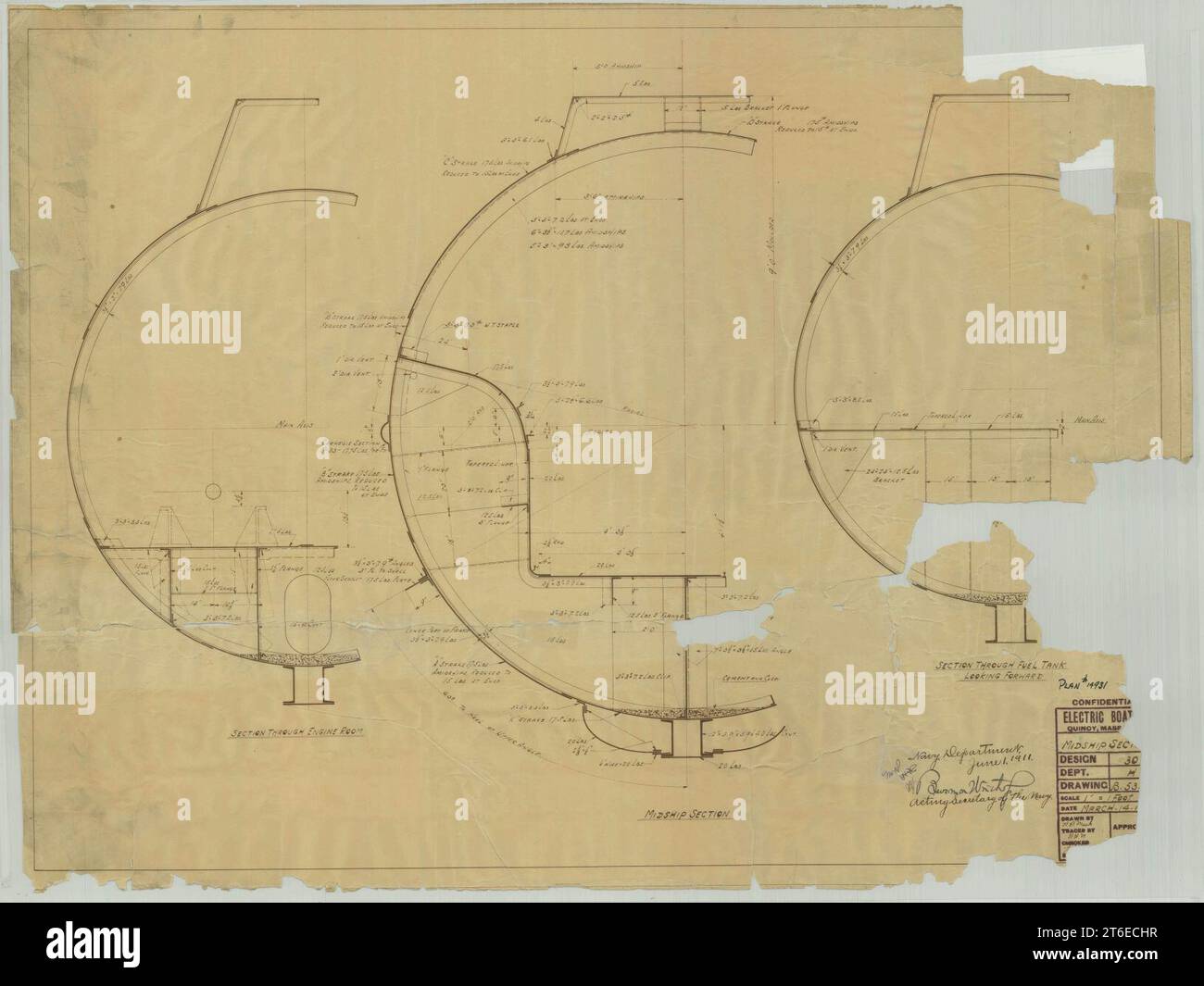 USS K-1 (SS-32)- Midship Section, Section Through Engine Room, Section ...
