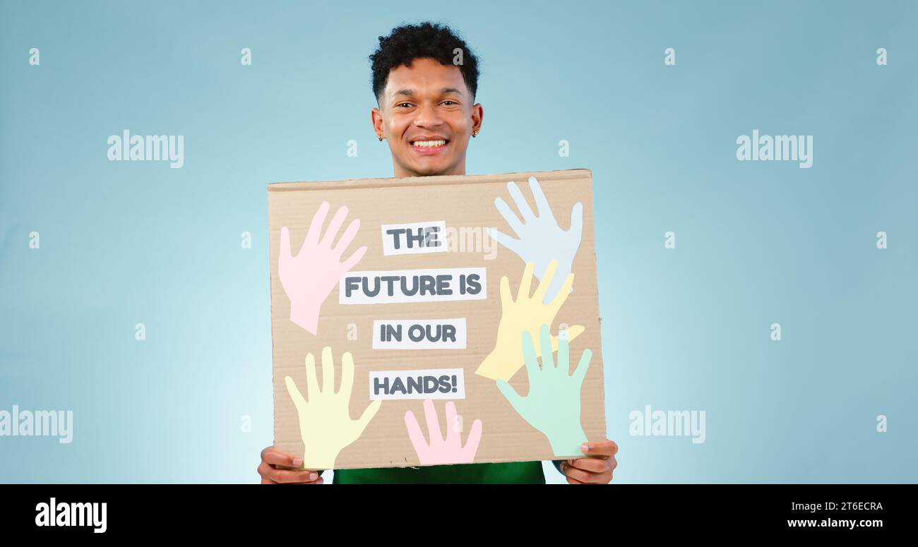 Man, protest poster and studio portrait for accountability to stop ...
